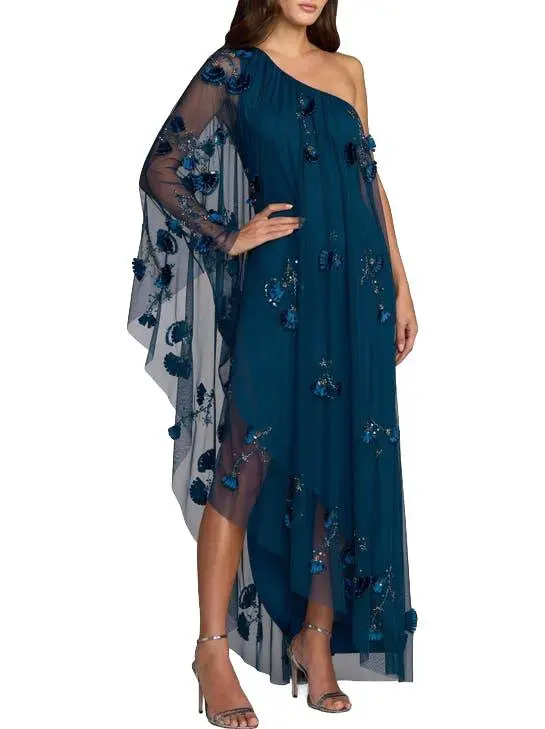 Mac Duggal One Shoulder Asymmetrical Flower Detail Net Gown - Twilight
