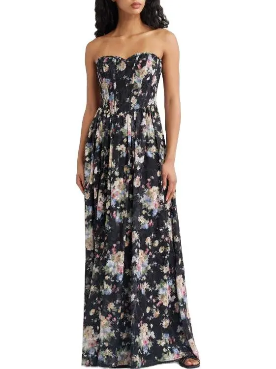 Lulus Remi Floral Corset Maxi Gown - Black Multi