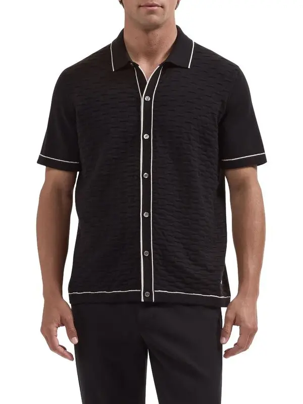 Bugatchi Geometric Texture Short Sleeve Button-up Sweater - Black