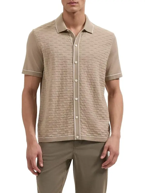 Bugatchi Geometric Texture Short Sleeve Button-up Sweater - Cobblestone