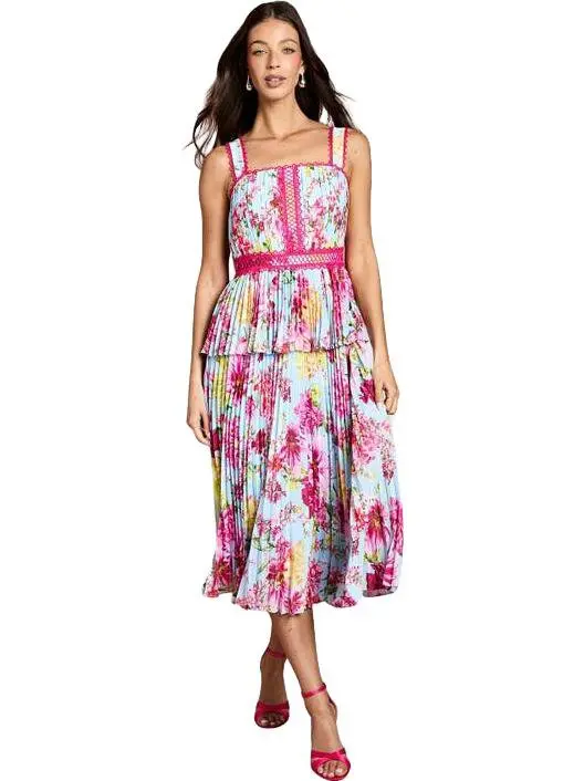 Coast Pleated Floral Square Neck Midi Dress - Blue