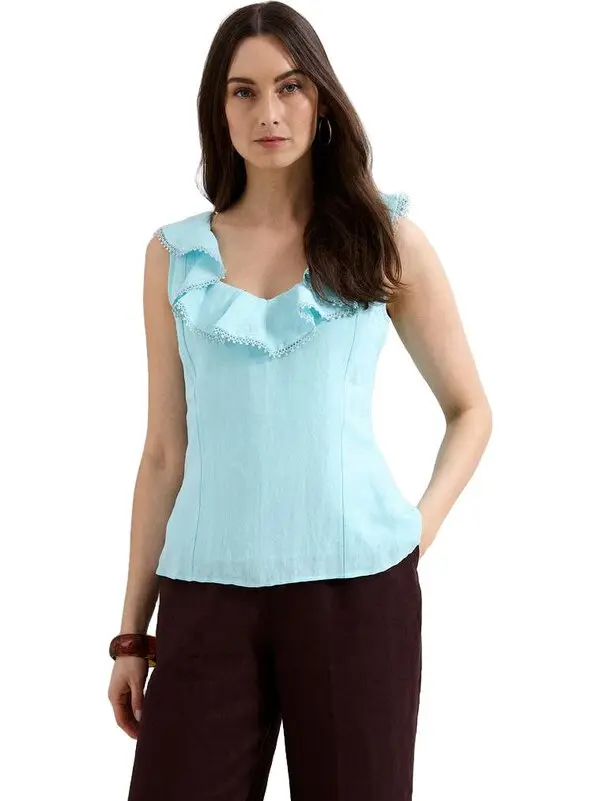 PHASE EIGHT Rhona Sleeveless Linen Blend Blouse With Ruffle Neckline - Pale Blue