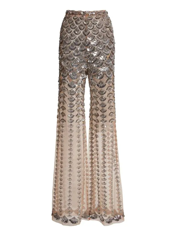 Zuhair Murad Tulle Embroidered Wide Leg Pants - Silver