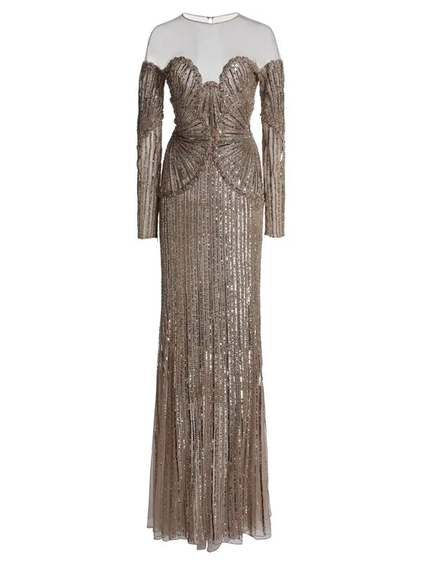 Zuhair Murad Embroidered Long Sleeve Gown - Silver
