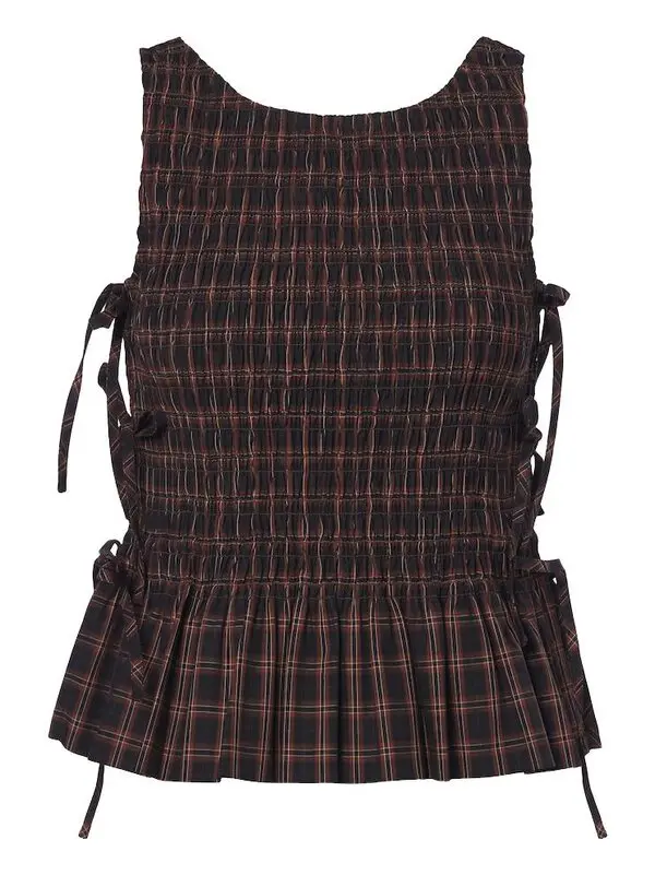 GANNI Checked Shirred Cotton Top - Brown