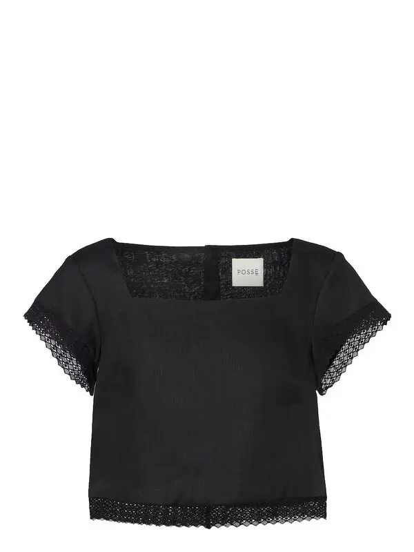 Posse Alfie Cropped Embroidered Linen Top - Black
