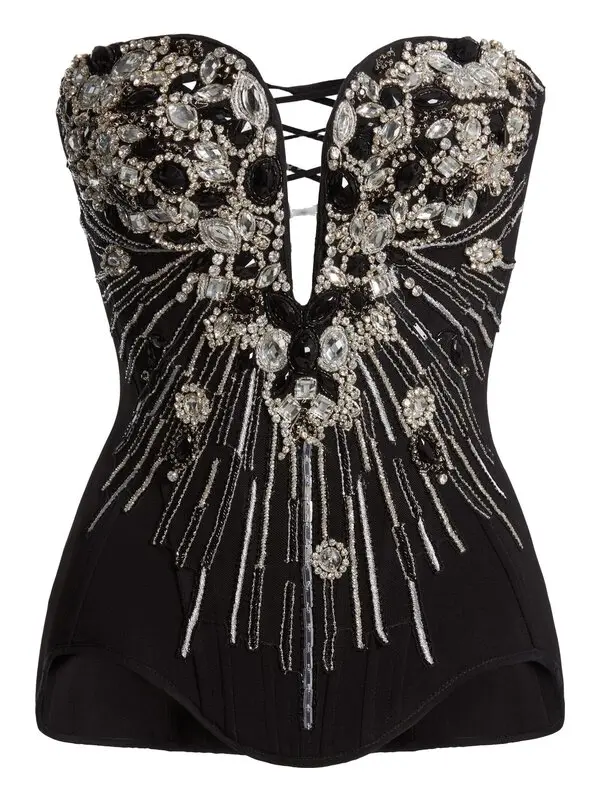 Zuhair Murad Heavy Cady Palm Leaf Embroidered Corset Top - Black