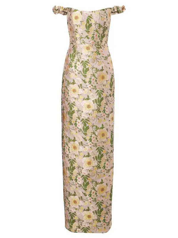 MARKARIAN Off-shoulder Floral Brocade Gown - Beige