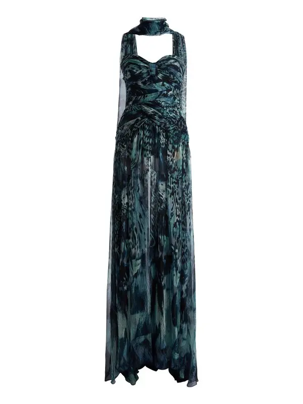 Zuhair Murad Chiffon Guppy Print Off-shoulder Gown - Blue