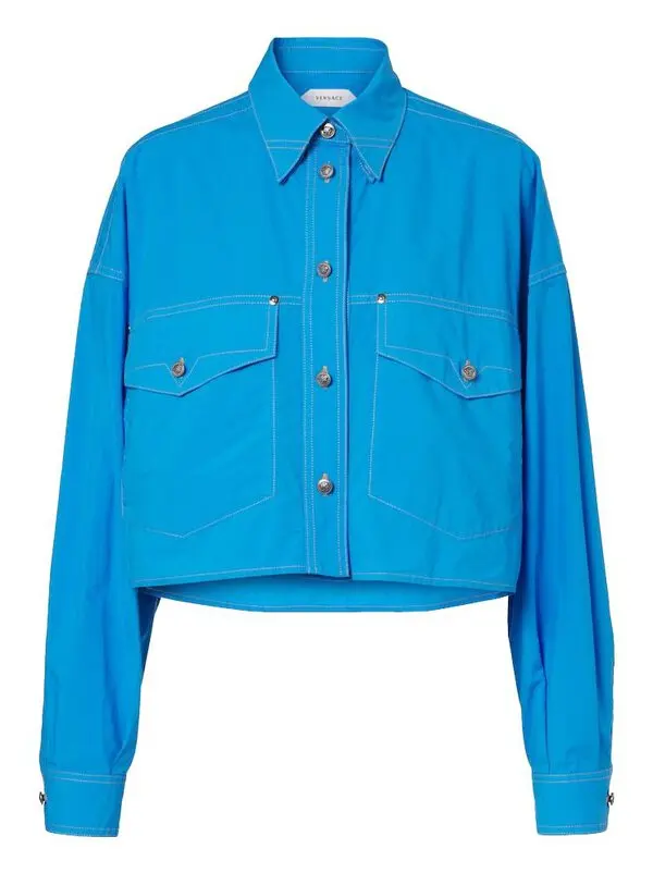 Versace Cropped Cotton Poplin Shirt - Blue
