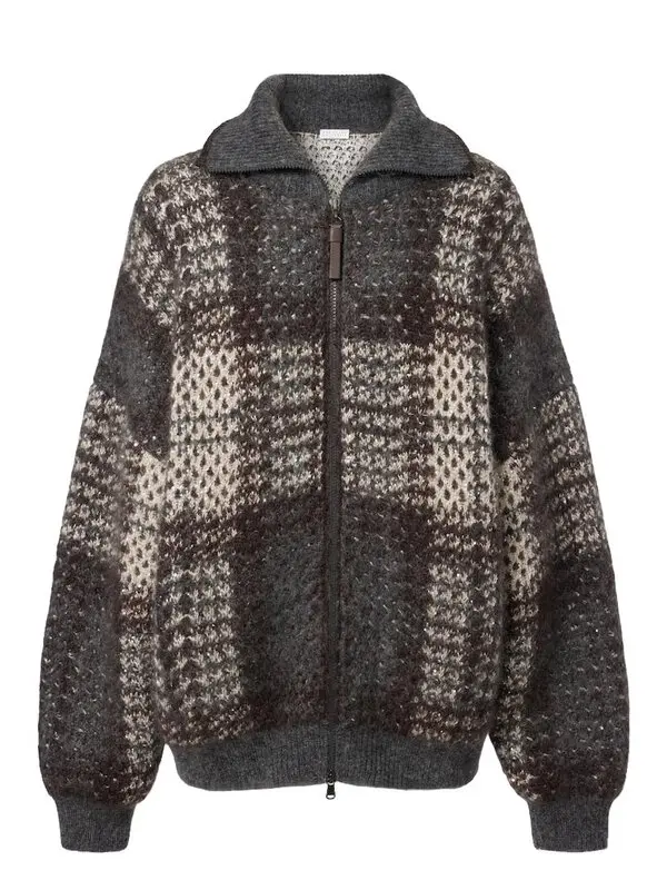 Brunello Cucinelli Checked Mohair Blend Zip-up Cardigan - Grey