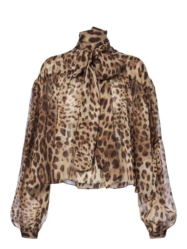 Dolce & Gabbana Leopard-print Tie-neck Silk Blouse - Brown