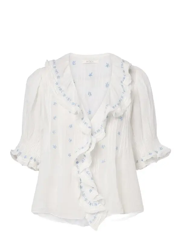 DÔEN Hettie Floral Ruffled Cotton Top - White