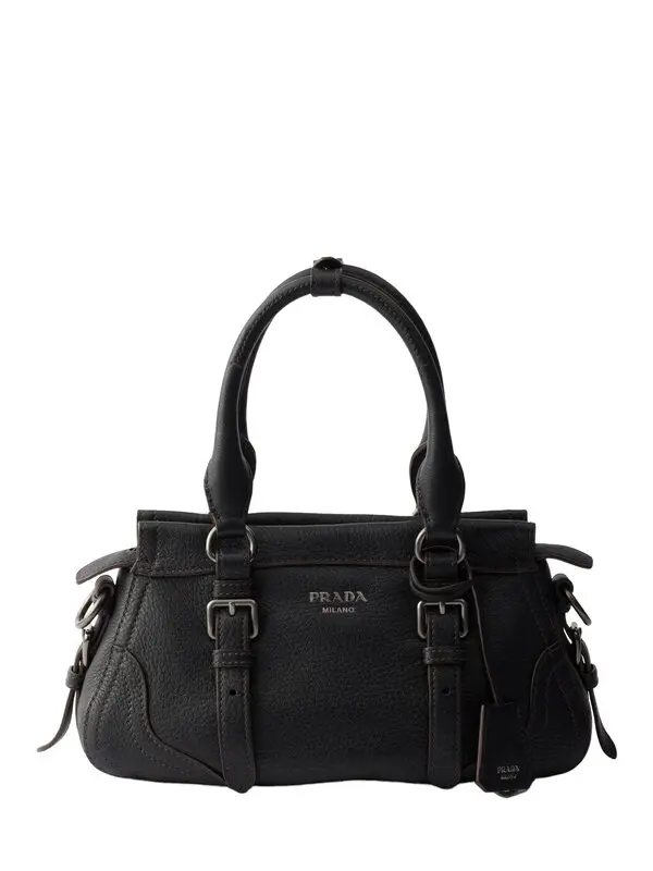 Prada Large Leather Tote Bag With Detachable Shoulder Strap - Black