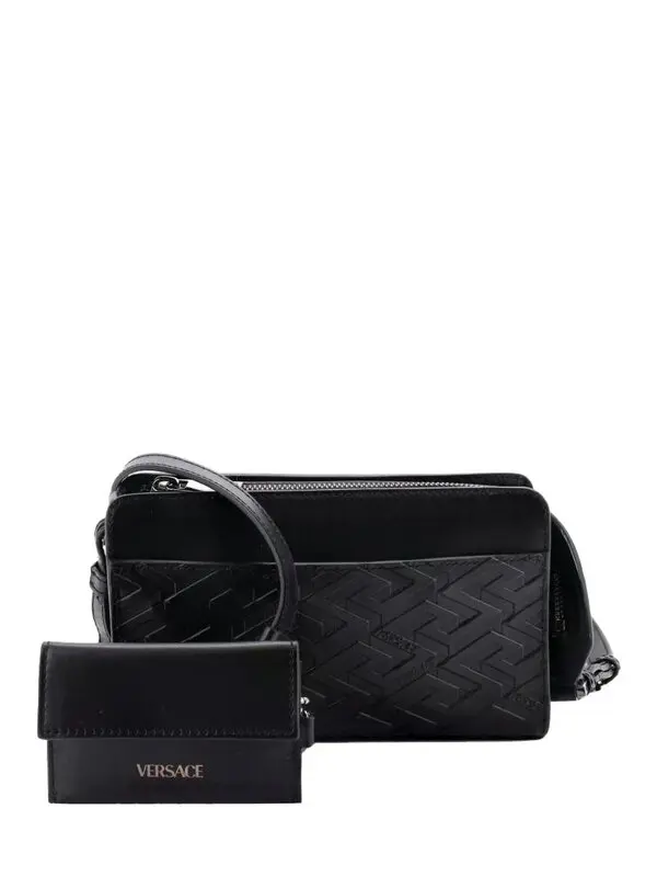 Versace La Greca Embossed Leather Crossbody Bag - Black