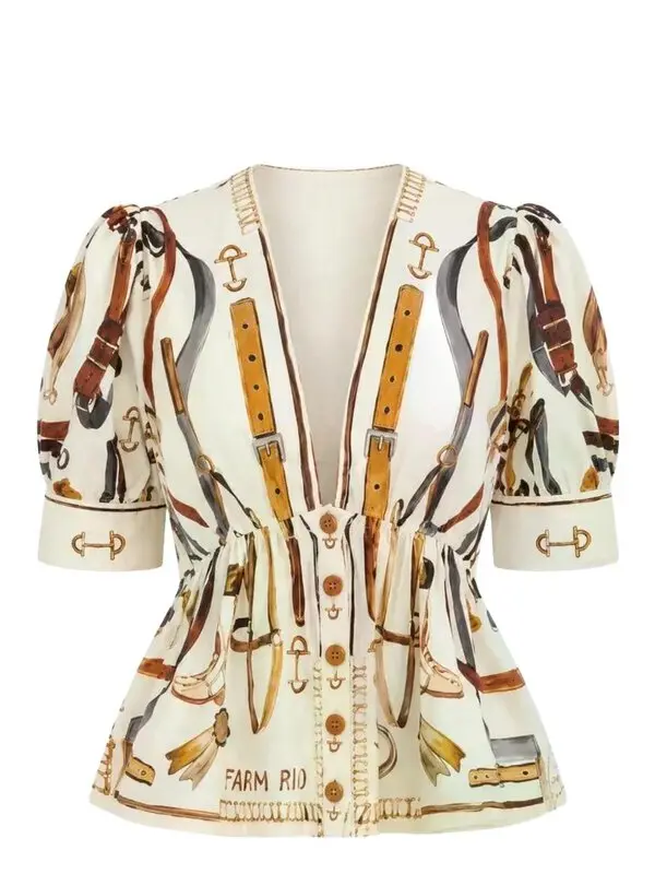 Farm Rio Equestrian Print Puff-sleeve Blouse - Neutrals