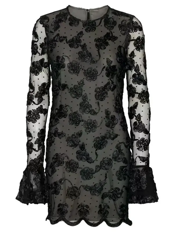 ROTATE BY BIRGER CHRISTENSEN Flower Mesh Long Sleeve Mini Dress - Black
