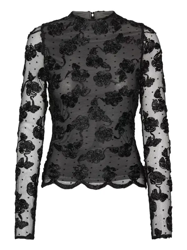ROTATE BY BIRGER CHRISTENSEN Sheer Floral Appliqué High Neck Long Sleeve Top - Black