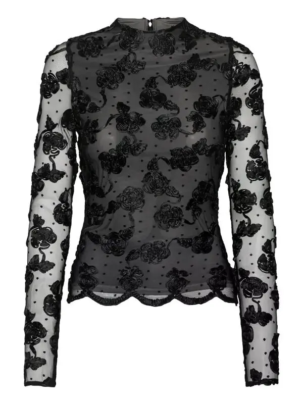 ROTATE BY BIRGER CHRISTENSEN Sheer Floral Appliqué High Neck Long Sleeve Top - Black