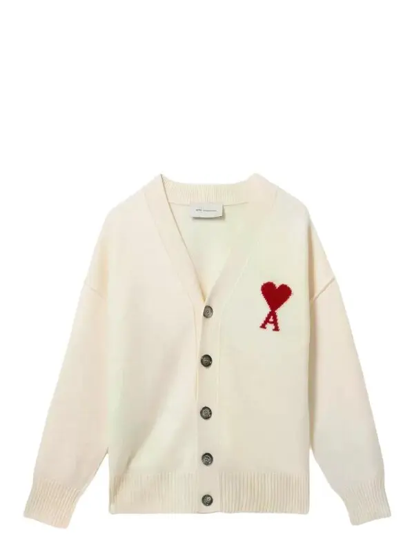 AMI Paris Wool Cardigan With De Coeur Monogram - Neutrals