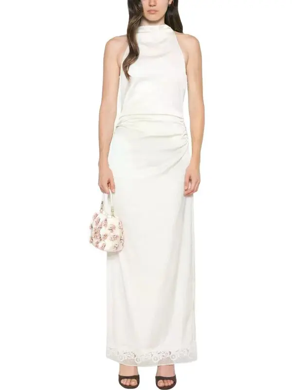 ROTATE BY BIRGER CHRISTENSEN Lace-trim Ruched Halterneck Maxi Dress - Neutrals