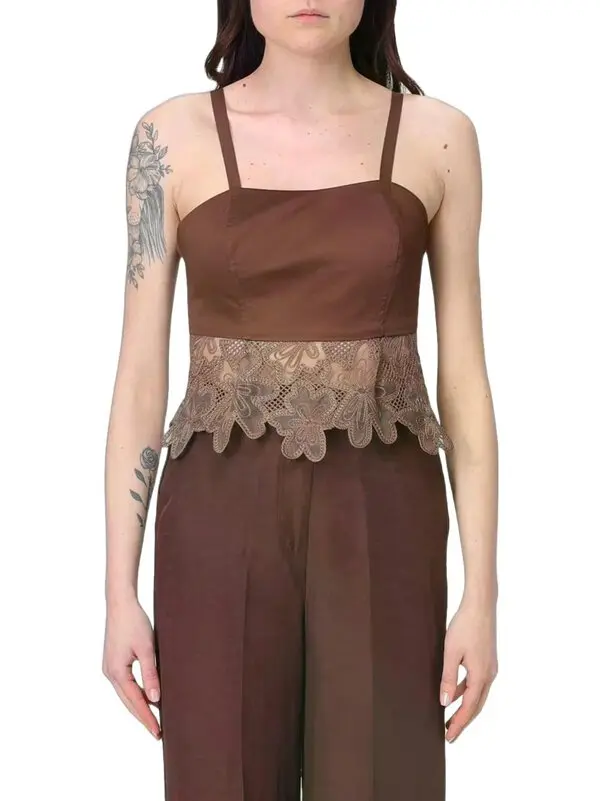 HANITA Cropped Top With Macramé Detailing - Brown