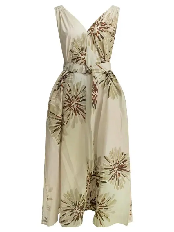 Brunello Cucinelli Beige Floral Print V-neck Sleeveless Midi Dress - Neutrals