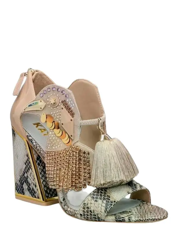 KAT MACONIE Embellished Snakeskin-effect Block Heel Sandals - Neutrals