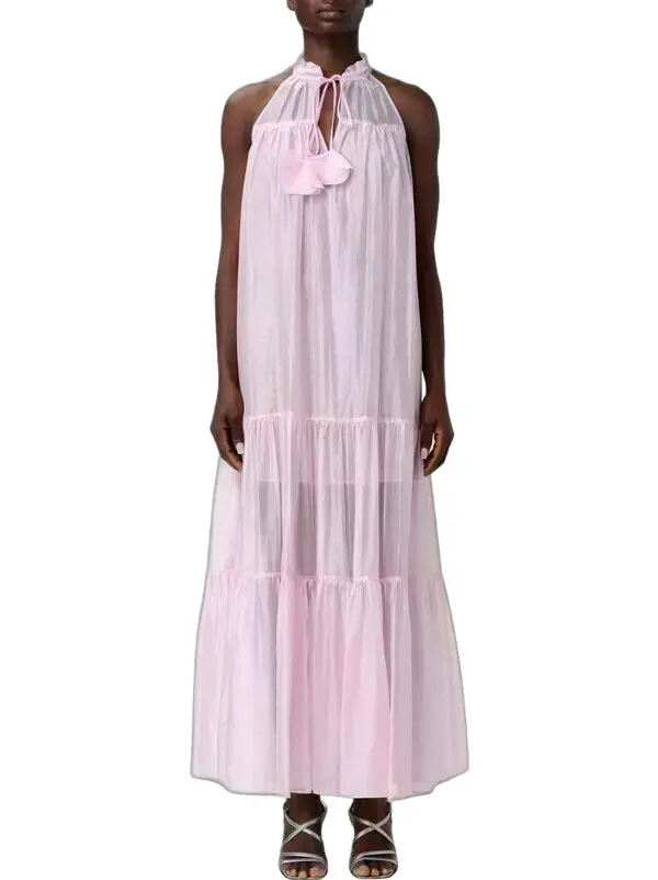 HANITA Ruffled High Neck Maxi Dress - Pink