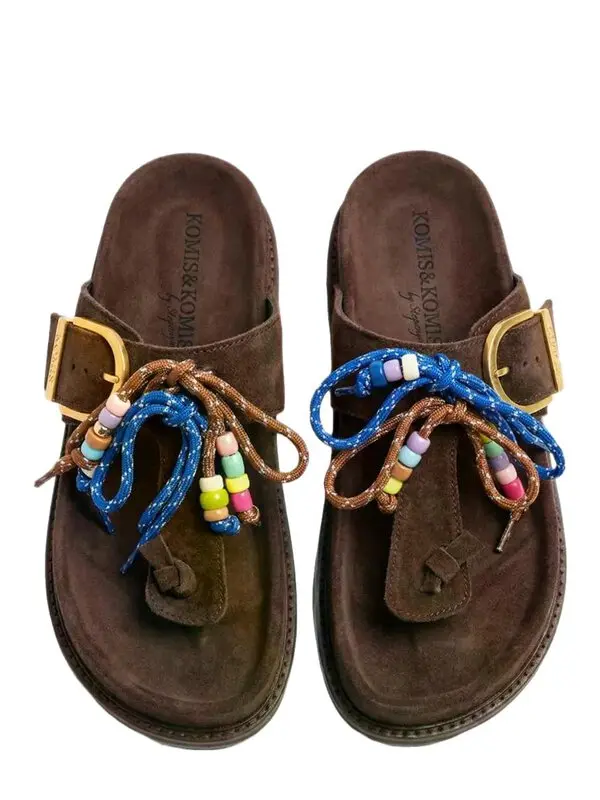 KOMIS & KOMIS Beaded Lace-up Suede Thong Sandals - Brown
