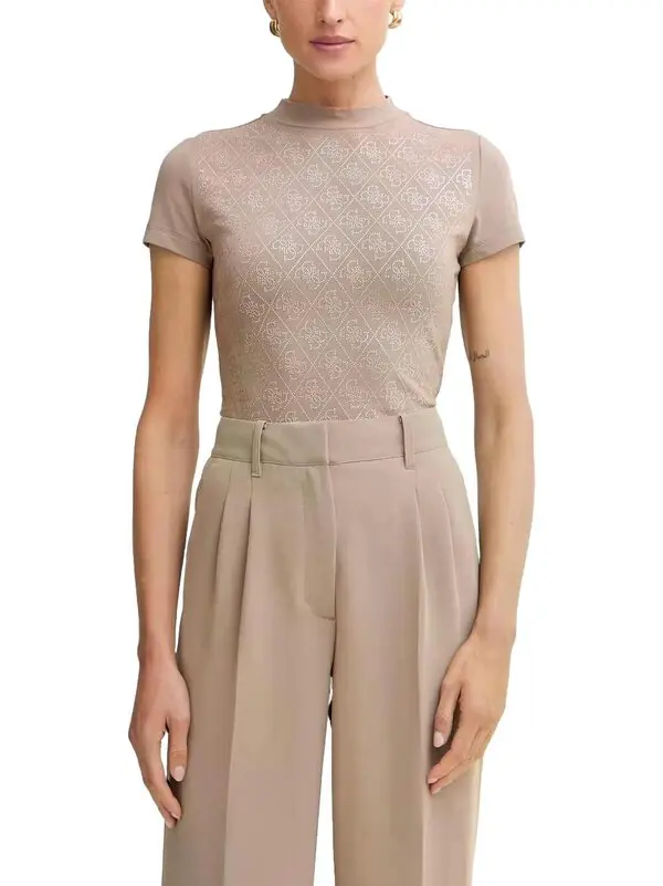 Guess Rhinestone Logo Mock Neck T-shirt - Neutrals