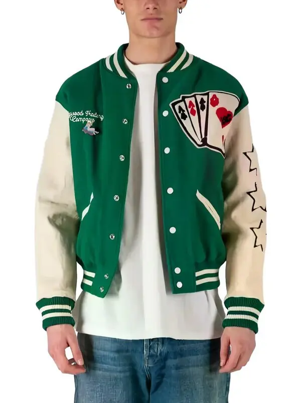HTC LOS ANGELES College Cards Patch-detail Leather-sleeve Bomber Jacket - Green