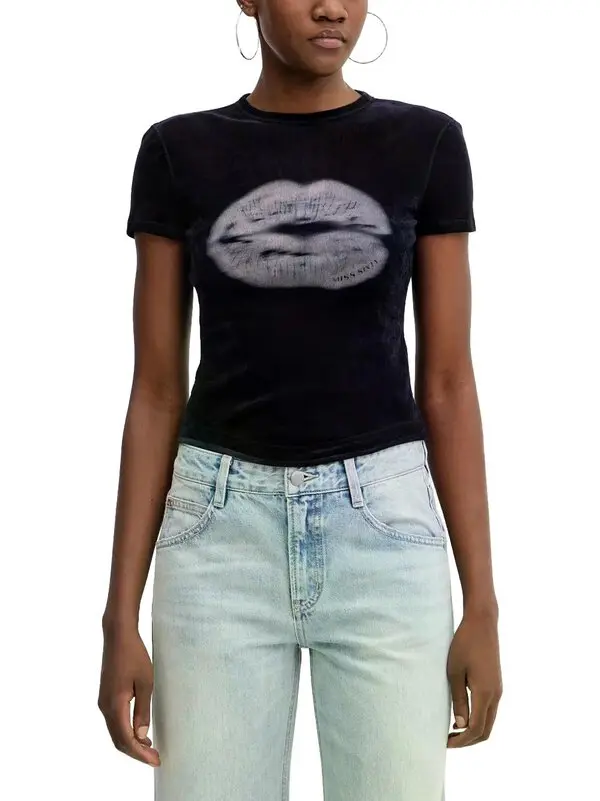 Miss Sixty Flocked Texture Lip Print T-shirt - Blue