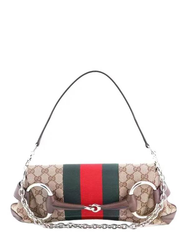 Gucci Horsebit Web Chain Clutch Gg Canvas Medium Shoulder Bag - Brown