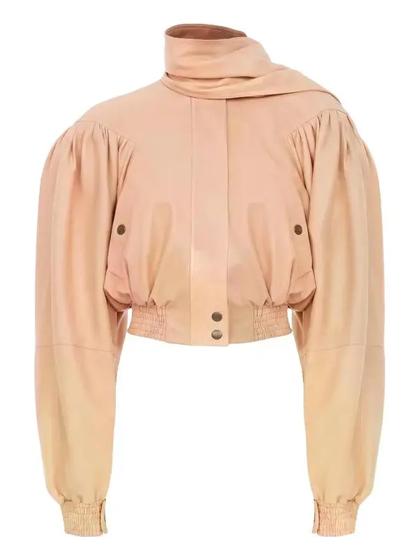 Chloé Cropped Leather Jacket With Detachable Scarf Detail - Neutrals