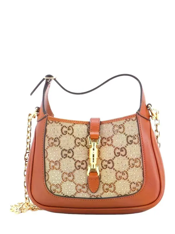 Gucci Jackie 1961 Chain Crystal Embellished Gg Canvas Mini Hobo Bag - Brown