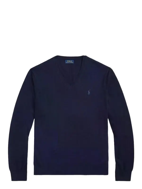 Polo Ralph Lauren V-neck Wool Sweater With Embroidered Logo - Blue