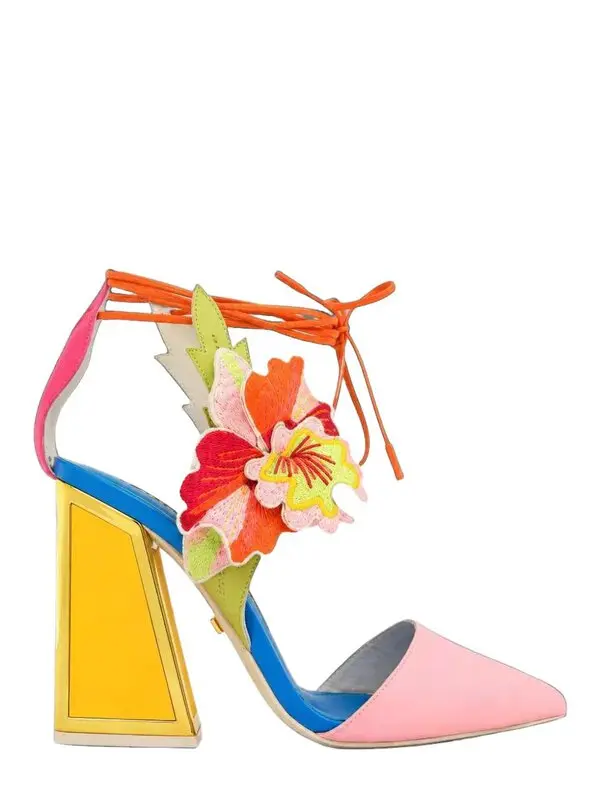 KAT MACONIE Floral Embroidered Lace-up Pointed Toe Block Heel Mules - White
