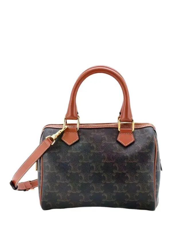 Celine Boston Bag Triomphe Coated Canvas Small Satchel - Brown