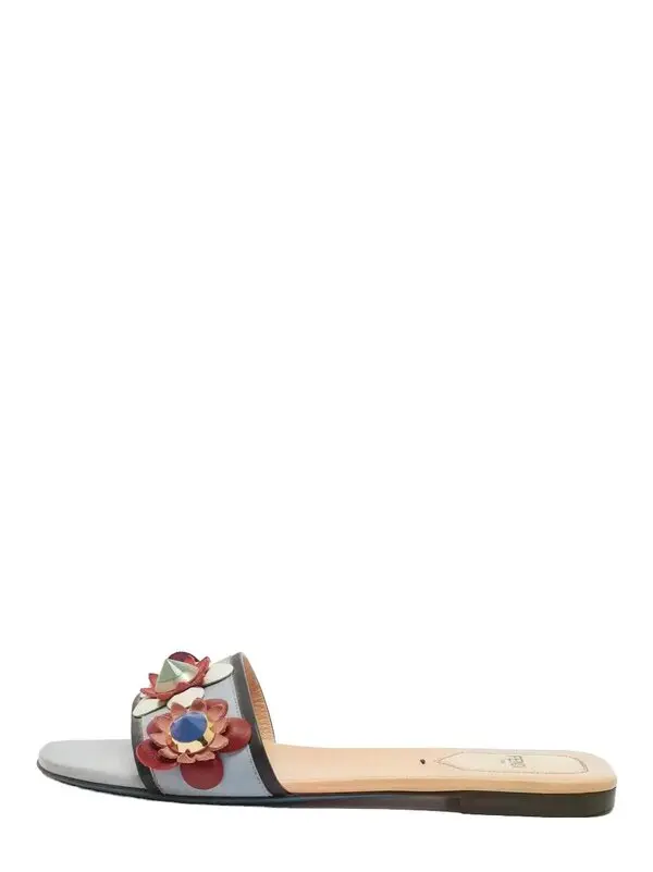 Fendi Flowerland Leather Slide Sandals - Blue