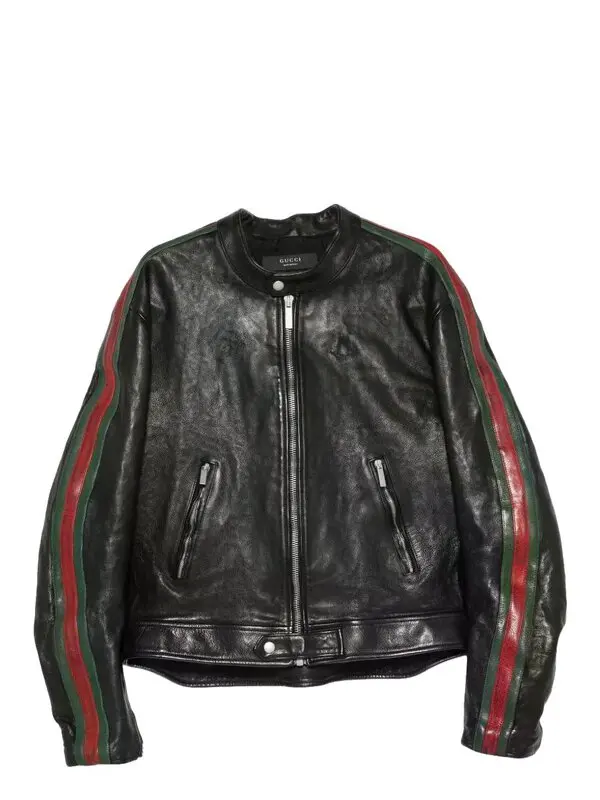 Gucci Leather Zip-up Jacket With Web Stripe Detail - Black