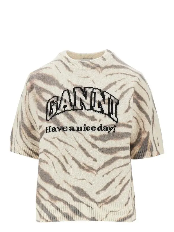 GANNI Short-sleeved Wool-blend Knit Top With Zebra-striped Motif - White