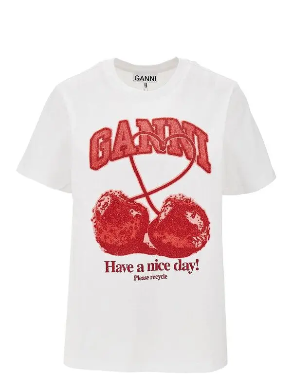 GANNI Cherry Print Organic Cotton T-shirt - White