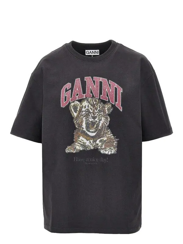 GANNI Cotton T-shirt With Tiger Print - Black
