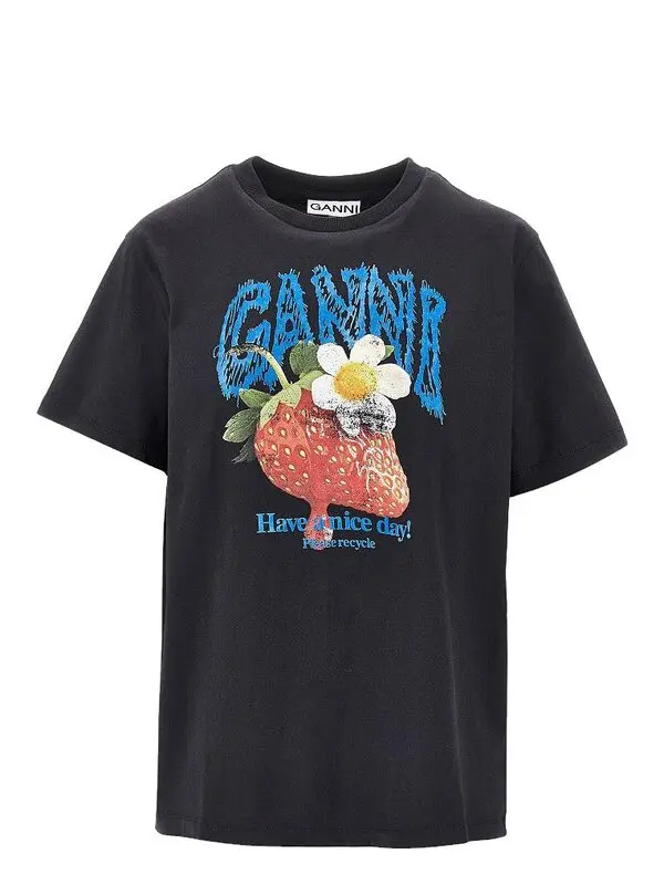 GANNI Strawberry Print Organic Cotton T-shirt - Black