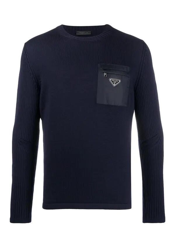 Prada Wool Crew Neck Sweater With Pocket Detail - Blue