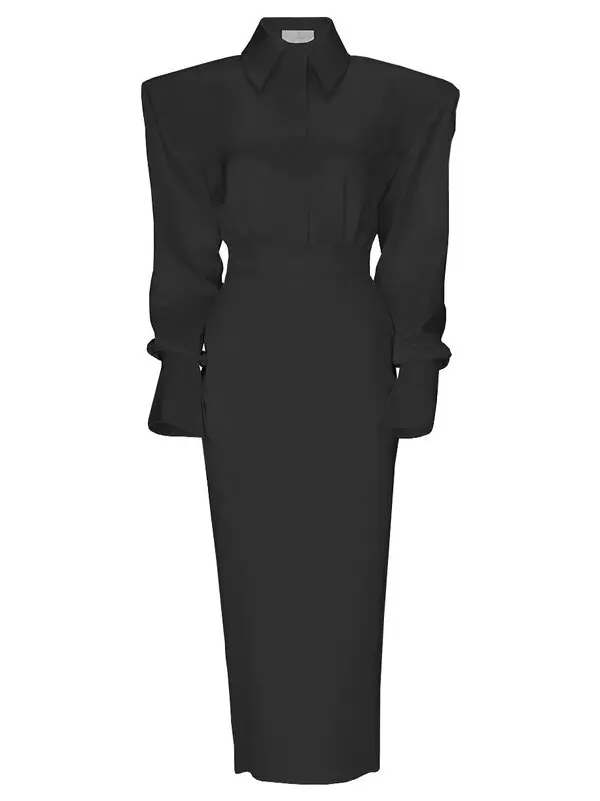 VESTIAIRE D'UN OISEAU LIBRE Midi Corset Silk Dress With Puff Sleeves - Black