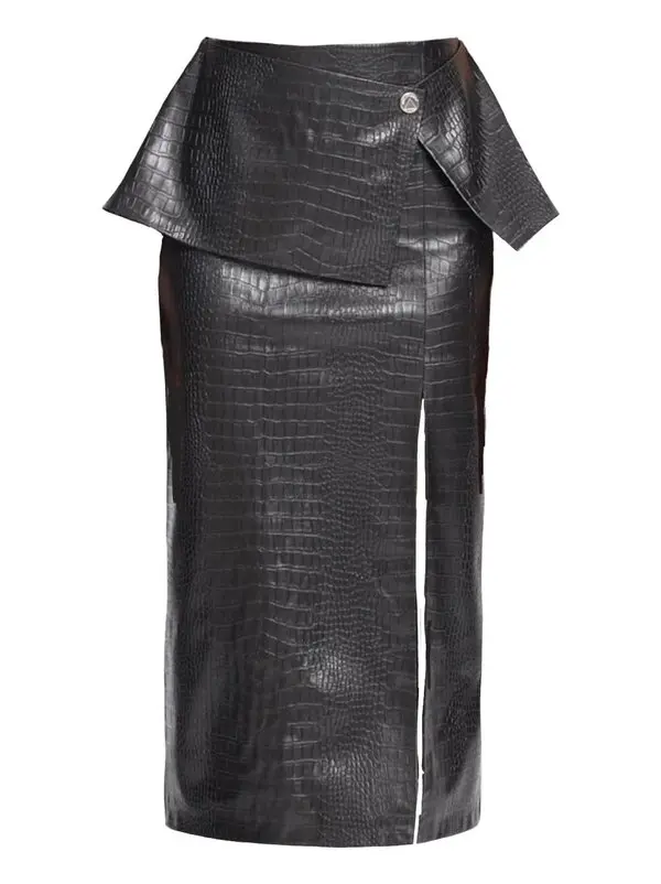 MIRIMALIST Croco Leather Midi Skirt With Removable Peplum - Black