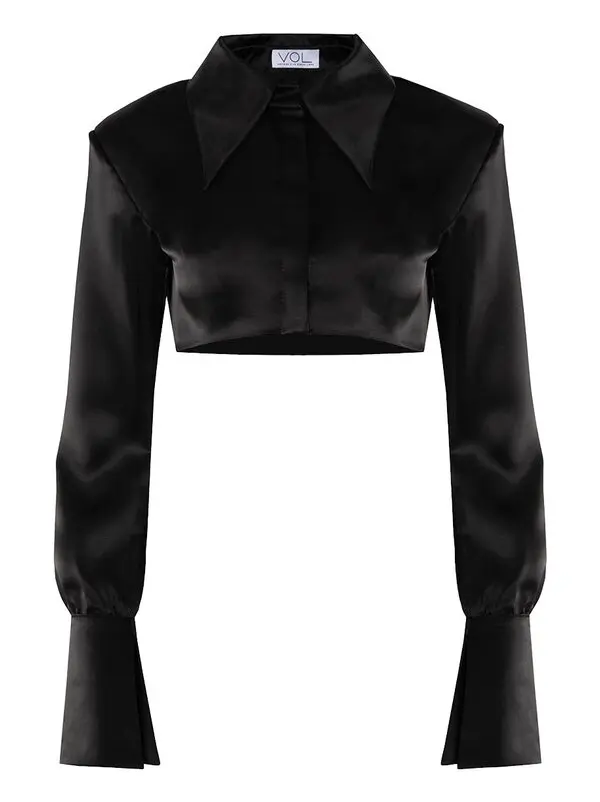 VESTIAIRE D'UN OISEAU LIBRE Cropped Silk Shirt With Padded Shoulders - Black