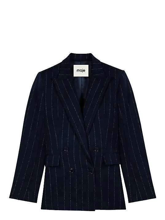 Maje Pinstriped Double-breasted Woven Blazer - Navy